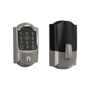 schlage be499wb cam 619 encode plus wifi deadbolt smart lock with apple home key, keyless entry door lock with camelot trim, satin nickel