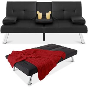 best choice products faux leather upholstered modern convertible folding futon sofa bed for compact living space, apartment, dorm, bonus room w/removable armrests, metal legs, 2 cupholders – black