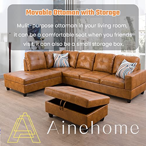 A Ainehome Sectional Sofa Living Room Furniture Set 103.5" Wide L Shape Couch Faux Leather with Left Hand Facing Chaise and Storage Ottoman for Home Room Decor Bedroom