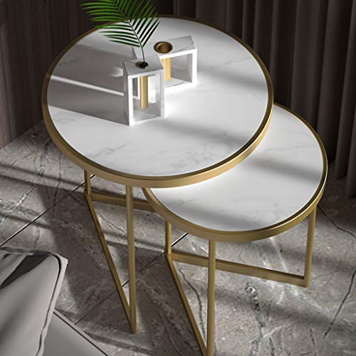 Articles for daily use Nesting Coffee Table White Living Room Coffee Table, Slate Sofa Side Coffee Table Round Coffee Table, Matte Gold Metal Frame Home Decoration 2 Piece Bedside Table