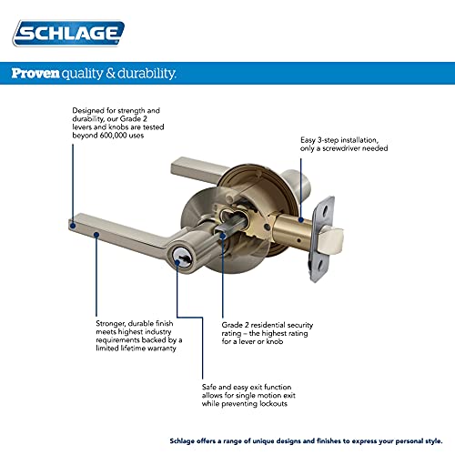 Schlage F10 FLA 619 Flair Door Lever, Hall & Closet Passage Lock, Satin Nickel