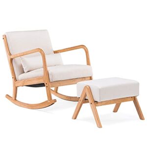 YOLENY Fabric Rocking Chair,Mid-Century Glider Rocker with Padded Seat, with Ottoman,Seat Wood Base,Linen Accent Chair for Living Room,New Beige