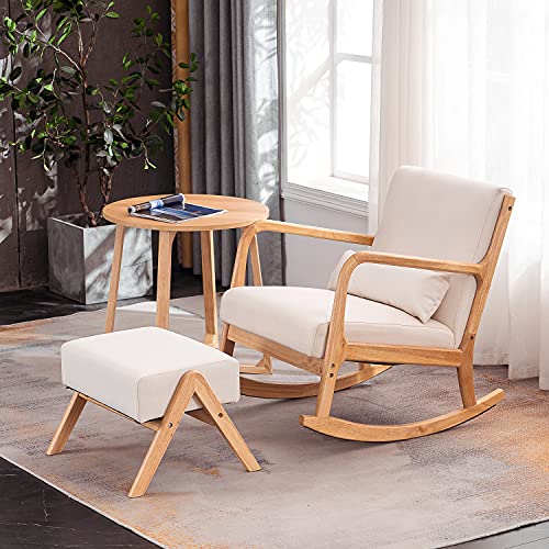 YOLENY Fabric Rocking Chair,Mid-Century Glider Rocker with Padded Seat, with Ottoman,Seat Wood Base,Linen Accent Chair for Living Room,New Beige