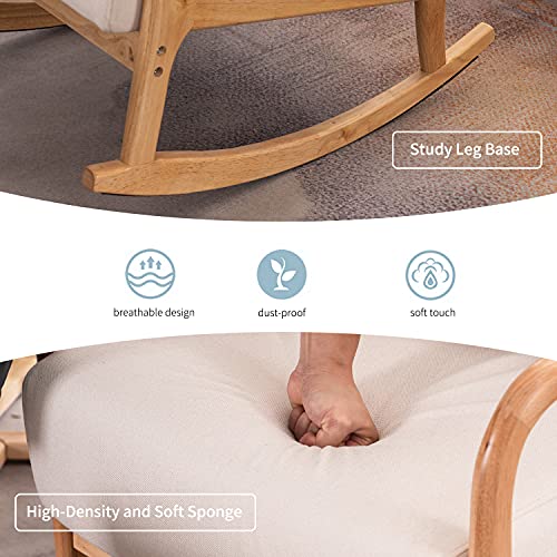 YOLENY Fabric Rocking Chair,Mid-Century Glider Rocker with Padded Seat, with Ottoman,Seat Wood Base,Linen Accent Chair for Living Room,New Beige