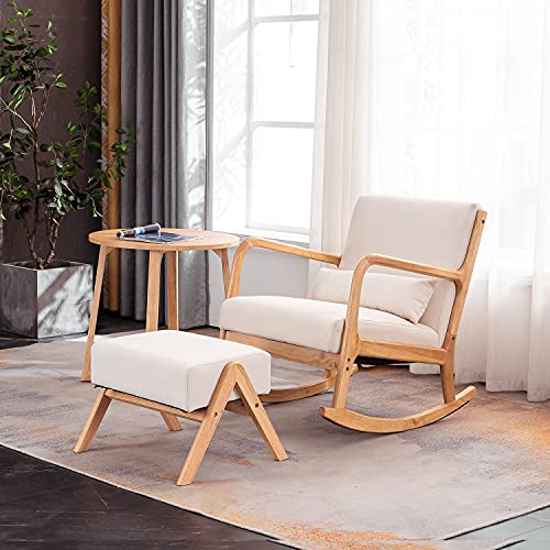 YOLENY Fabric Rocking Chair,Mid-Century Glider Rocker with Padded Seat, with Ottoman,Seat Wood Base,Linen Accent Chair for Living Room,New Beige