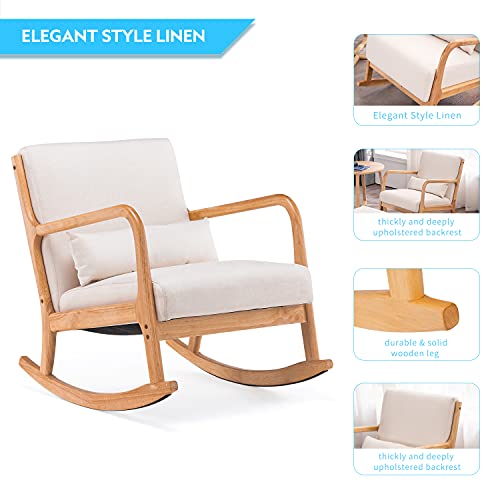 YOLENY Fabric Rocking Chair,Mid-Century Glider Rocker with Padded Seat, with Ottoman,Seat Wood Base,Linen Accent Chair for Living Room,New Beige