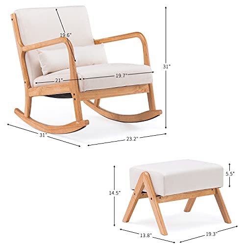 YOLENY Fabric Rocking Chair,Mid-Century Glider Rocker with Padded Seat, with Ottoman,Seat Wood Base,Linen Accent Chair for Living Room,New Beige