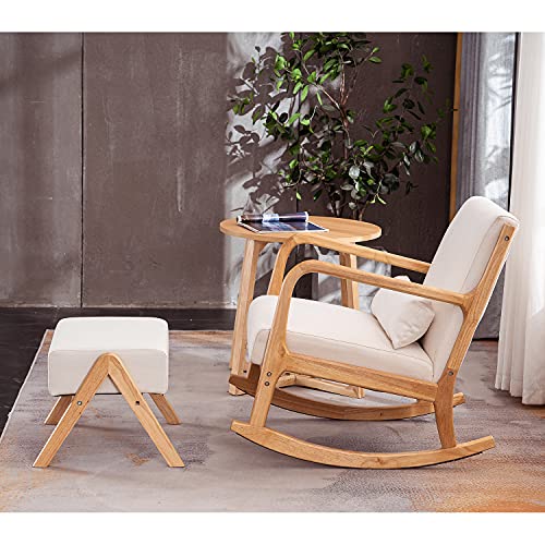 YOLENY Fabric Rocking Chair,Mid-Century Glider Rocker with Padded Seat, with Ottoman,Seat Wood Base,Linen Accent Chair for Living Room,New Beige