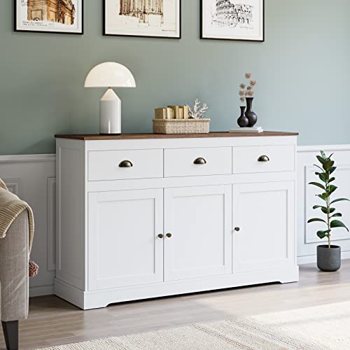 Keyluv White Buffet Cabinet Storage Kitchen Cabinet Sideboard Farmhouse Buffet Server Bar Wine Cabinet with 3 Drawers & 3 Doors Adjustable Shelves Console Table for Dining Living Room Cupboard