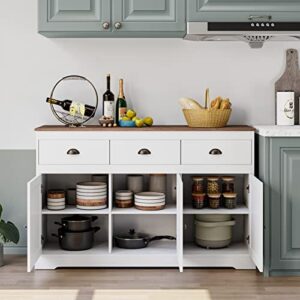 Keyluv White Buffet Cabinet Storage Kitchen Cabinet Sideboard Farmhouse Buffet Server Bar Wine Cabinet with 3 Drawers & 3 Doors Adjustable Shelves Console Table for Dining Living Room Cupboard