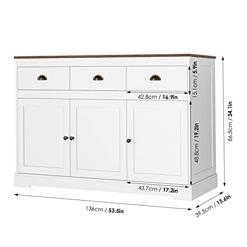 Keyluv White Buffet Cabinet Storage Kitchen Cabinet Sideboard Farmhouse Buffet Server Bar Wine Cabinet with 3 Drawers & 3 Doors Adjustable Shelves Console Table for Dining Living Room Cupboard