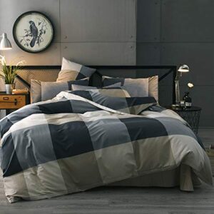 cotton grid plaid duvet cover set queen modern reversible checkered bedding set full hotel quality 3 piece duvet comforter cover set luxury zipper closure bedding collection (no comforter)