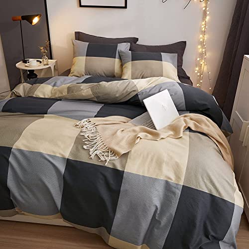 Cotton Grid Plaid Duvet Cover Set Queen Modern Reversible Checkered Bedding Set Full Hotel Quality 3 Piece Duvet Comforter Cover Set Luxury Zipper Closure Bedding Collection (NO Comforter)