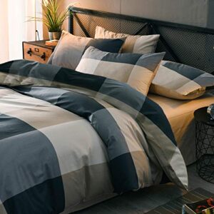 Cotton Grid Plaid Duvet Cover Set Queen Modern Reversible Checkered Bedding Set Full Hotel Quality 3 Piece Duvet Comforter Cover Set Luxury Zipper Closure Bedding Collection (NO Comforter)