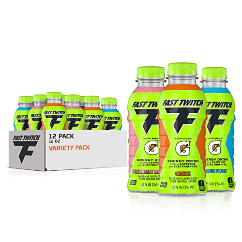 Fast Twitch Energy Drink from the Makers of Gatorade, Glacier Freeze, Strawberry Lemonade, Orange Variety Pack, 12 Fl Oz (Pack of 12)