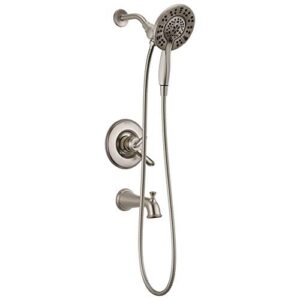 delta faucet linden 17 series dual-function tub and shower trim kit, shower faucet with 4-spray in2ition 2-in-1 dual hand held shower head with hose, stainless t17494-ss-i (valve not included)