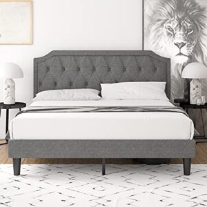 einfach bed frame queen size, upholstered platform bed with sturdy wood slat support, no box spring needed, easy assembly, light grey