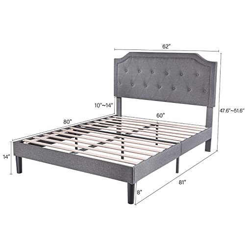 Einfach Bed Frame Queen Size, Upholstered Platform Bed with Sturdy Wood Slat Support, No Box Spring Needed, Easy Assembly, Light Grey