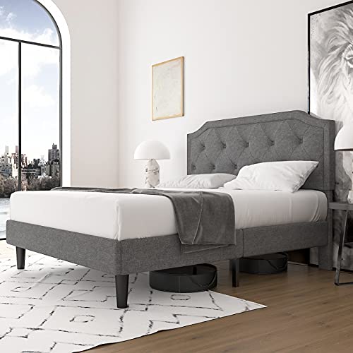 Einfach Bed Frame Queen Size, Upholstered Platform Bed with Sturdy Wood Slat Support, No Box Spring Needed, Easy Assembly, Light Grey