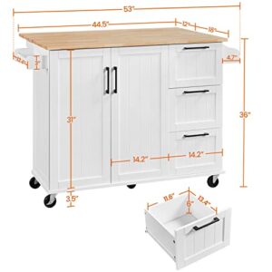 Yaheetech Kitchen Cart with Drop-Leaf Countertop, Kitchen Island on 5 Universal Wheels with Storage Cabinet and 3 Drawers for Dinning Room, L53xW18xH36 in, White