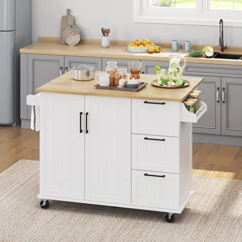 Yaheetech Kitchen Cart with Drop-Leaf Countertop, Kitchen Island on 5 Universal Wheels with Storage Cabinet and 3 Drawers for Dinning Room, L53xW18xH36 in, White