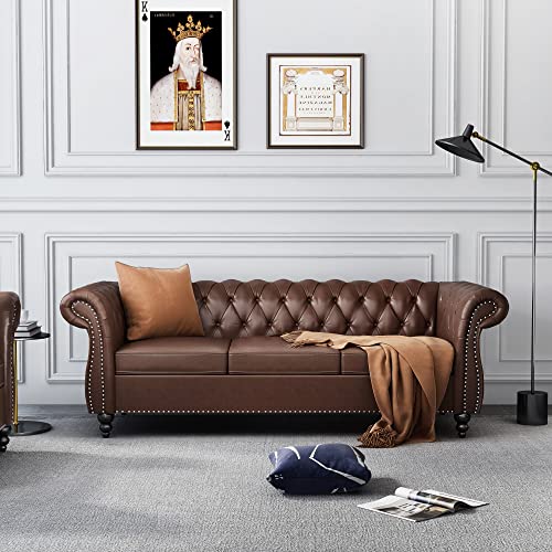 wirrytor Chesterfield Classic Sofa, Modern Leather 3 Seater Sofa, Upholstered Tufted Back Settee Couch with Rolled Arms Nailhead Trim for Living Room Bedroom(Dark Brown)