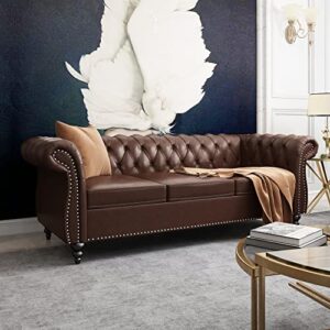 wirrytor Chesterfield Classic Sofa, Modern Leather 3 Seater Sofa, Upholstered Tufted Back Settee Couch with Rolled Arms Nailhead Trim for Living Room Bedroom(Dark Brown)