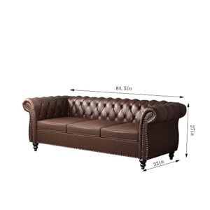 wirrytor Chesterfield Classic Sofa, Modern Leather 3 Seater Sofa, Upholstered Tufted Back Settee Couch with Rolled Arms Nailhead Trim for Living Room Bedroom(Dark Brown)