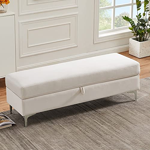 Elegant Finest Pearl White Storage Ottoman Bench Rectangular Pouf Seat Foot Stool Plush Velvet Upholstered Padded Cushion Top Hidden Large Compartment Weight-Bearing Metal Legs Space-Saving Article