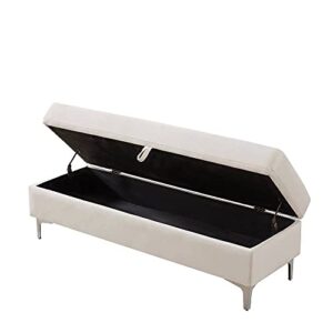 Elegant Finest Pearl White Storage Ottoman Bench Rectangular Pouf Seat Foot Stool Plush Velvet Upholstered Padded Cushion Top Hidden Large Compartment Weight-Bearing Metal Legs Space-Saving Article