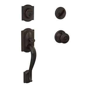 schlage f60 v cam 716 geo camelot front entry handleset with georgian knob, deadbolt keyed 1 side, aged bronze