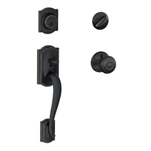 Schlage F60 V CAM 716 GEO Camelot Front Entry Handleset with Georgian Knob, Deadbolt Keyed 1 Side, Aged Bronze