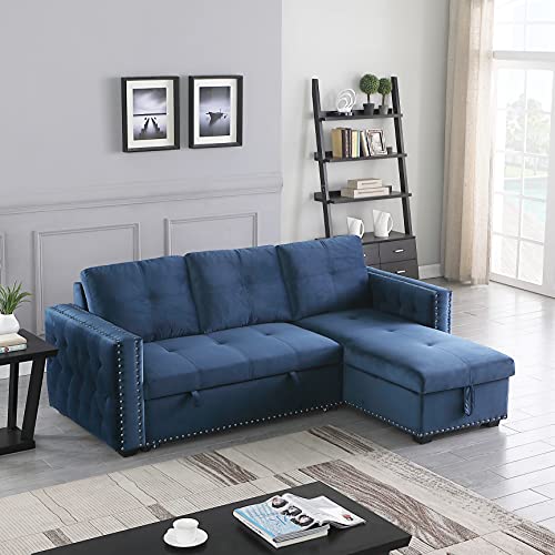 Morden Fort Velvet Reversible Sleeper Sectional Sofa L-Shape 3 Seat Sectional Couch with Storage (Blue)