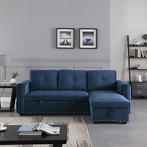 Morden Fort Velvet Reversible Sleeper Sectional Sofa L-Shape 3 Seat Sectional Couch with Storage (Blue)