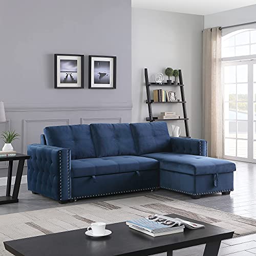 Morden Fort Velvet Reversible Sleeper Sectional Sofa L-Shape 3 Seat Sectional Couch with Storage (Blue)