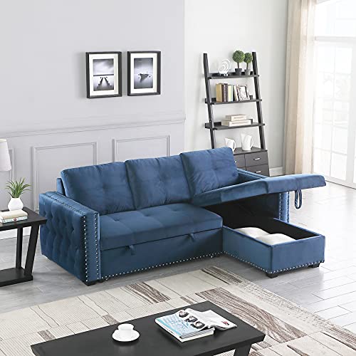 Morden Fort Velvet Reversible Sleeper Sectional Sofa L-Shape 3 Seat Sectional Couch with Storage (Blue)