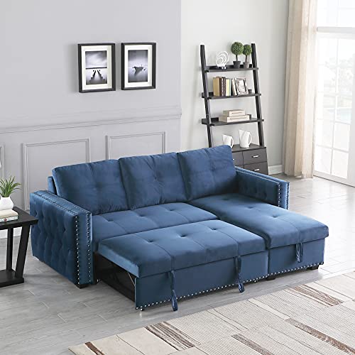 Morden Fort Velvet Reversible Sleeper Sectional Sofa L-Shape 3 Seat Sectional Couch with Storage (Blue)