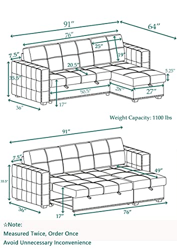 Morden Fort Velvet Reversible Sleeper Sectional Sofa L-Shape 3 Seat Sectional Couch with Storage (Blue)