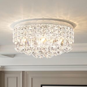 maxax 4 lights crystal chandelier, modern drum ceiling light fixture lamp, raindrop flush mount round metal shade, for dining room, living room, bathroom, bedroom, chrome