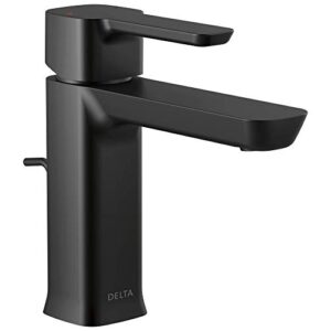 delta faucet modern matte black bathroom faucet single hole, matte black single hole bathroom faucet, bathroom sink faucet, black vanity faucet, drain assembly, matte black 581lf-blgpm-pp