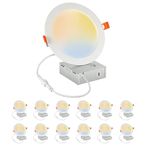 EDISHINE 12Pack 6 inch LED Recessed Light with Junction Box, 5CCT 2700K/3000K/3500K/4000K/5000K Dimmable Ultra-Thin Canless LED Recessed Light, 14W 1050LM CRI80 Recessed Light Fixtures, UL Listed