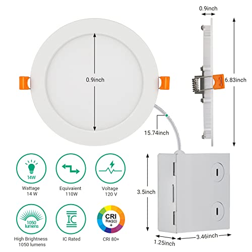 EDISHINE 12Pack 6 inch LED Recessed Light with Junction Box, 5CCT 2700K/3000K/3500K/4000K/5000K Dimmable Ultra-Thin Canless LED Recessed Light, 14W 1050LM CRI80 Recessed Light Fixtures, UL Listed