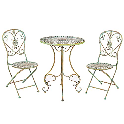 Sungmor Indoor Outdoor Bistro Table, Garden Patio Balcony Metal Table Furniture, One Piece Antique Green 22.8D*29.5H Small Round Table, Decorative Pretty Table with Rustic Style and Unique Pattern