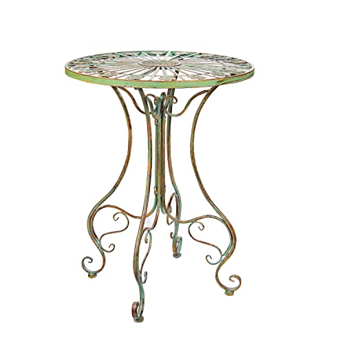 Sungmor Indoor Outdoor Bistro Table, Garden Patio Balcony Metal Table Furniture, One Piece Antique Green 22.8D*29.5H Small Round Table, Decorative Pretty Table with Rustic Style and Unique Pattern