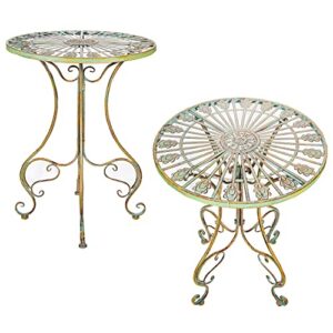 Sungmor Indoor Outdoor Bistro Table, Garden Patio Balcony Metal Table Furniture, One Piece Antique Green 22.8D*29.5H Small Round Table, Decorative Pretty Table with Rustic Style and Unique Pattern