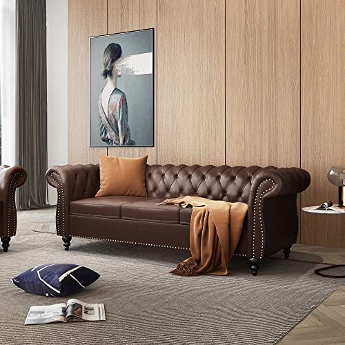 ONCIN Chesterfield Sofa Leather for Living Room, 3 Seater Sofa Tufted Couch Faux Leather with Rolled Arms and Nailhead for Living Room, Bedroom, Office, Apartment (Dark Brown)