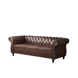 ONCIN Chesterfield Sofa Leather for Living Room, 3 Seater Sofa Tufted Couch Faux Leather with Rolled Arms and Nailhead for Living Room, Bedroom, Office, Apartment (Dark Brown)