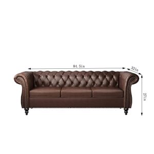 ONCIN Chesterfield Sofa Leather for Living Room, 3 Seater Sofa Tufted Couch Faux Leather with Rolled Arms and Nailhead for Living Room, Bedroom, Office, Apartment (Dark Brown)