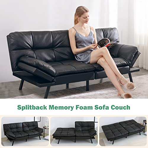 Futon Sofa Bed,Opoiar Lounge Memory Foam Sleeper Couch for Living Room,Convertible Modern Loveseat for Compact Living Spaces,71" W,Black/Faux Leather