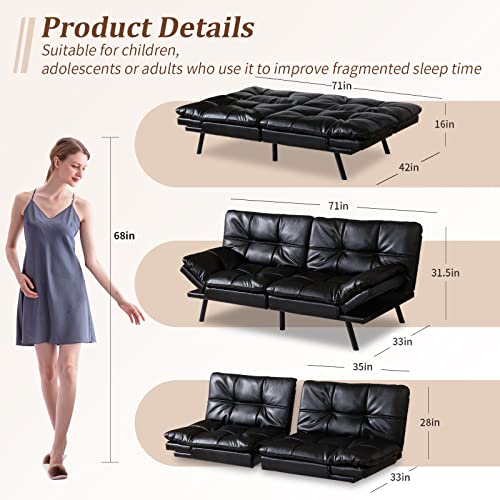 Futon Sofa Bed,Opoiar Lounge Memory Foam Sleeper Couch for Living Room,Convertible Modern Loveseat for Compact Living Spaces,71" W,Black/Faux Leather